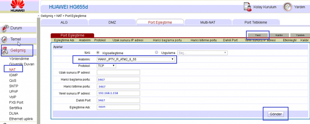 Huawei HG655d Modem Port Açma Resimli Anlatım | MODEM PORT AÇMA HİZMETİ